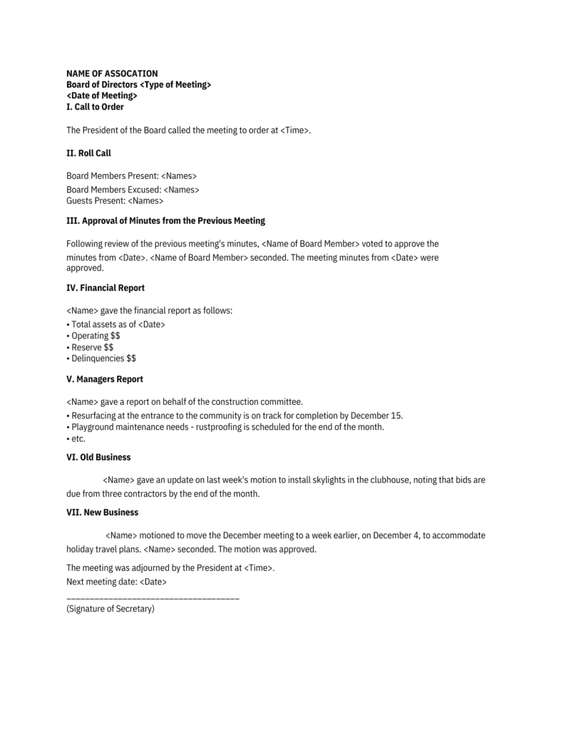Hoa Board Meeting Minutes Template Hoa Board Meeting Minutes Template
